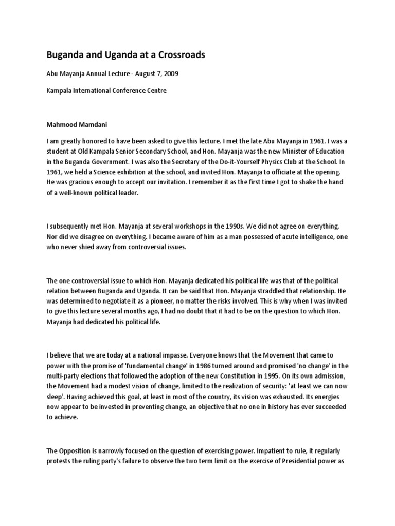 Buganda and Uganda at A Crossroads - Paper Presented by Prof Mamdani ...