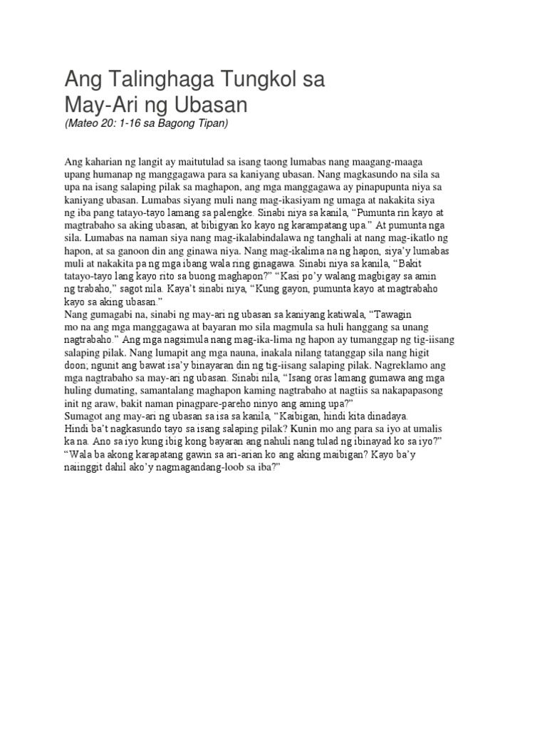 Ang Talinghaga Tungkol Sa May Ari ng Ubasan Ang Talinghaga Tungkol Sa May Ari ng Ubasan