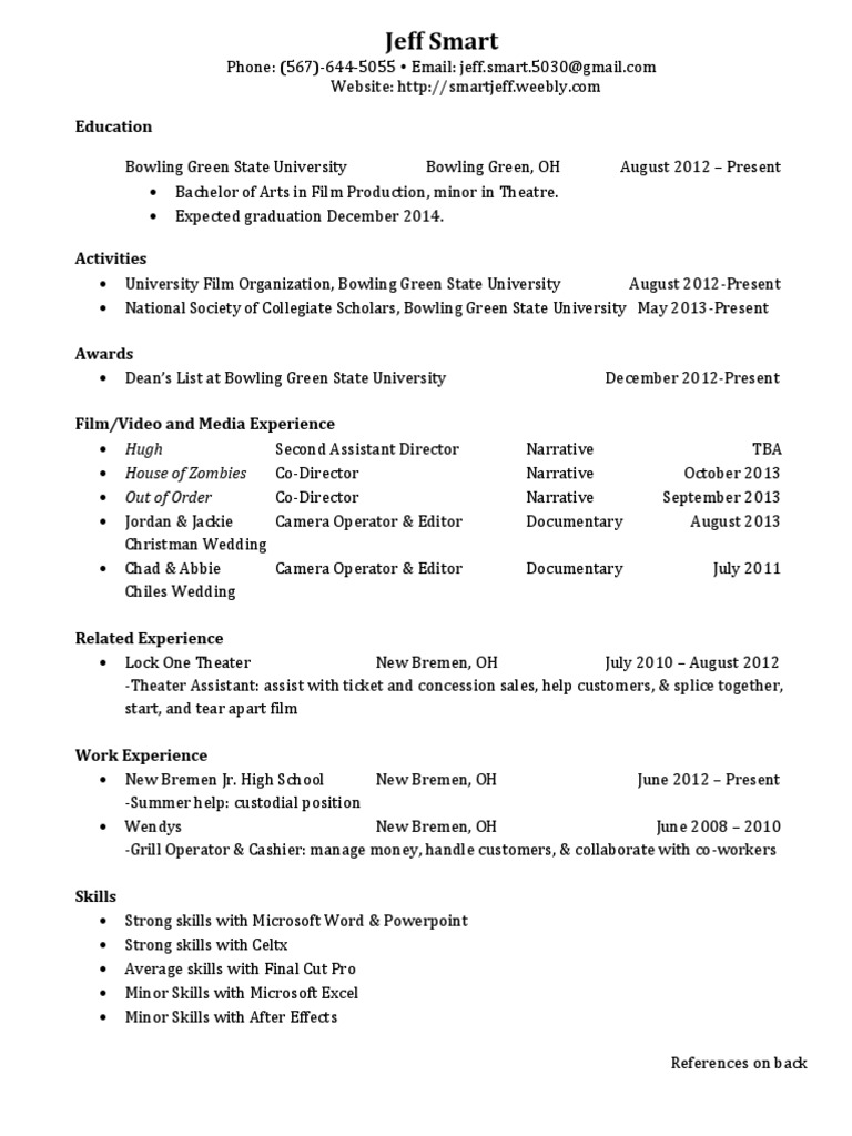 Jeff Smart: Film Production Resume | PDF | Career & Growth