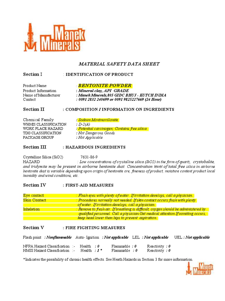 Bentonite Msds Pdf Silicon Dioxide Housekeeping