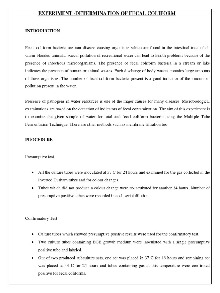 EXPERIMENT-Determination of Fecal Coliforms | PDF | Feces | Microbiology