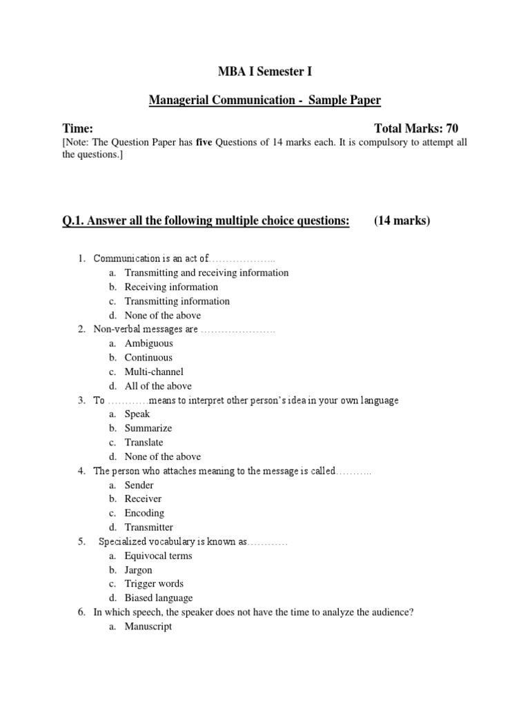 MBA Managerial Communication Sample Paper | PDF | Communication | Cognition