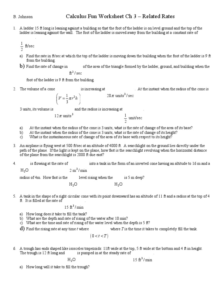 Calculus Worksheet CH 3 - Related Rates | PDF | Area | Triangle