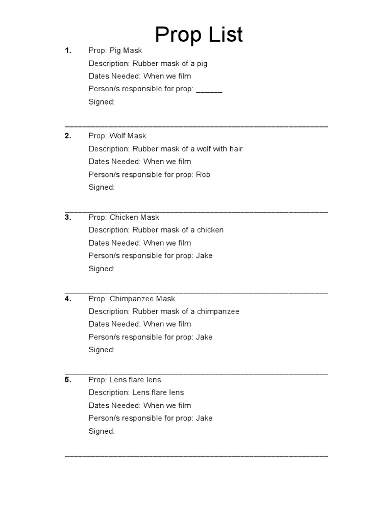 Film Prop Inventory List | PDF