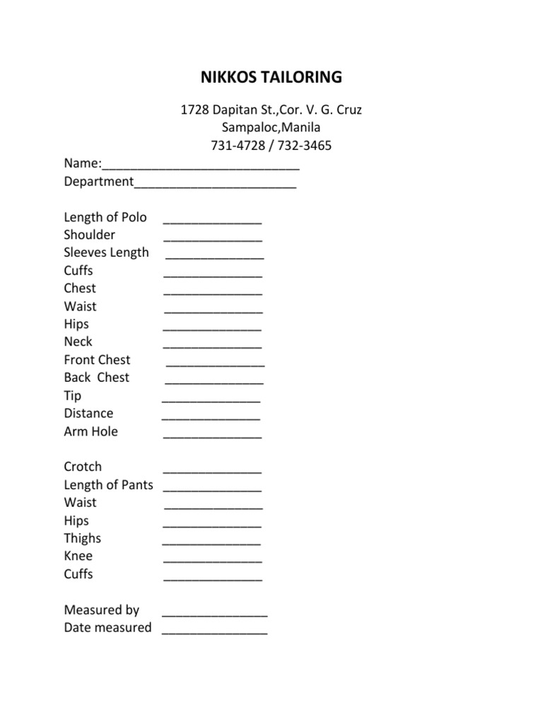Tailoring Measurement Form Template | PDF