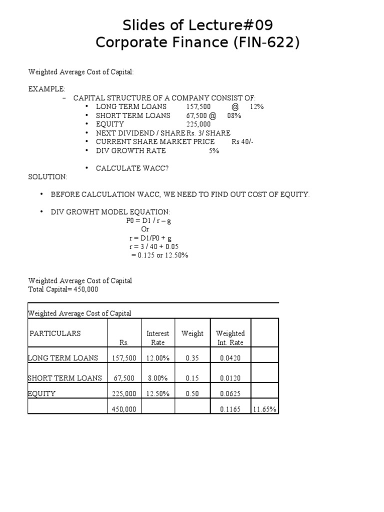 Slides Of Lecture09 Corporate Finance Fin 622 Pdf Cost Of