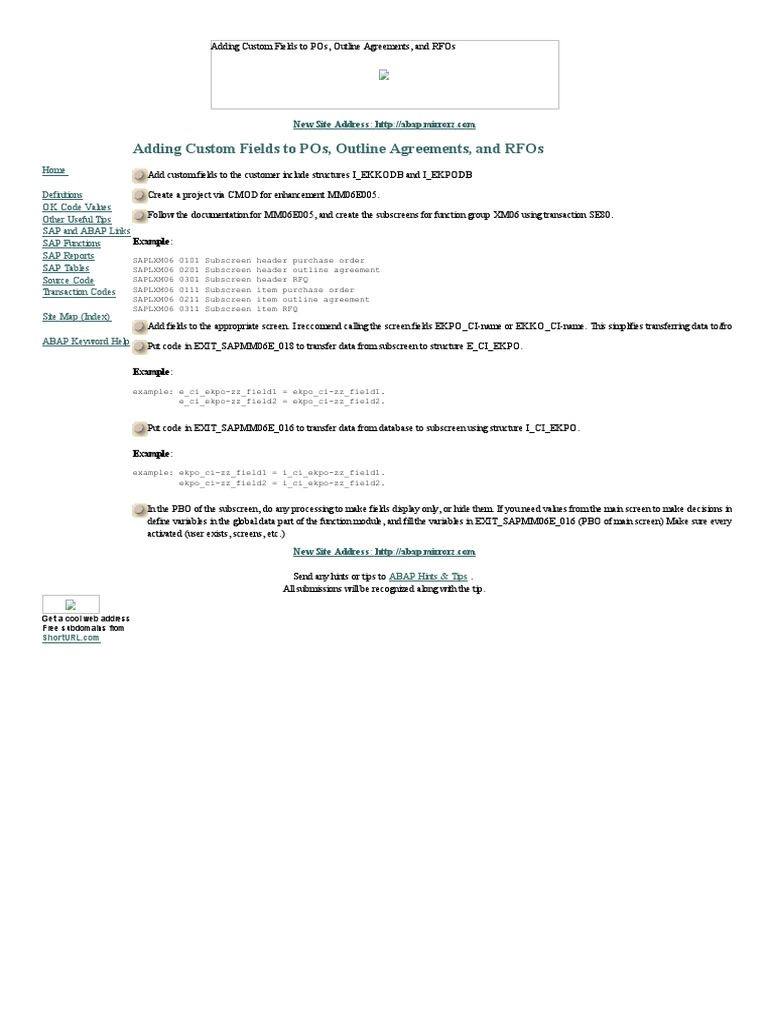 ABAP Hints and Tips - Adding Custom Fields To POs, Outline Agreements, and RFOs | PDF | Sap Se ...