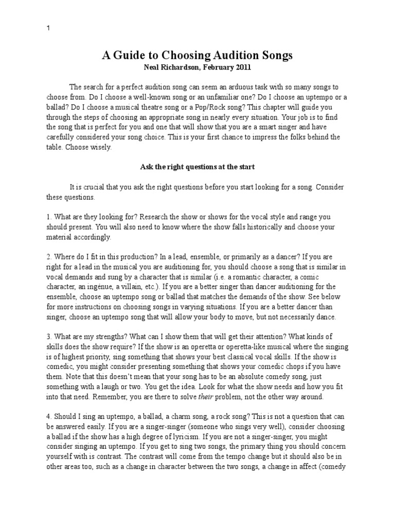 A Guide To Choosing Audition Songs PDF | PDF | Musical Theatre | Audition