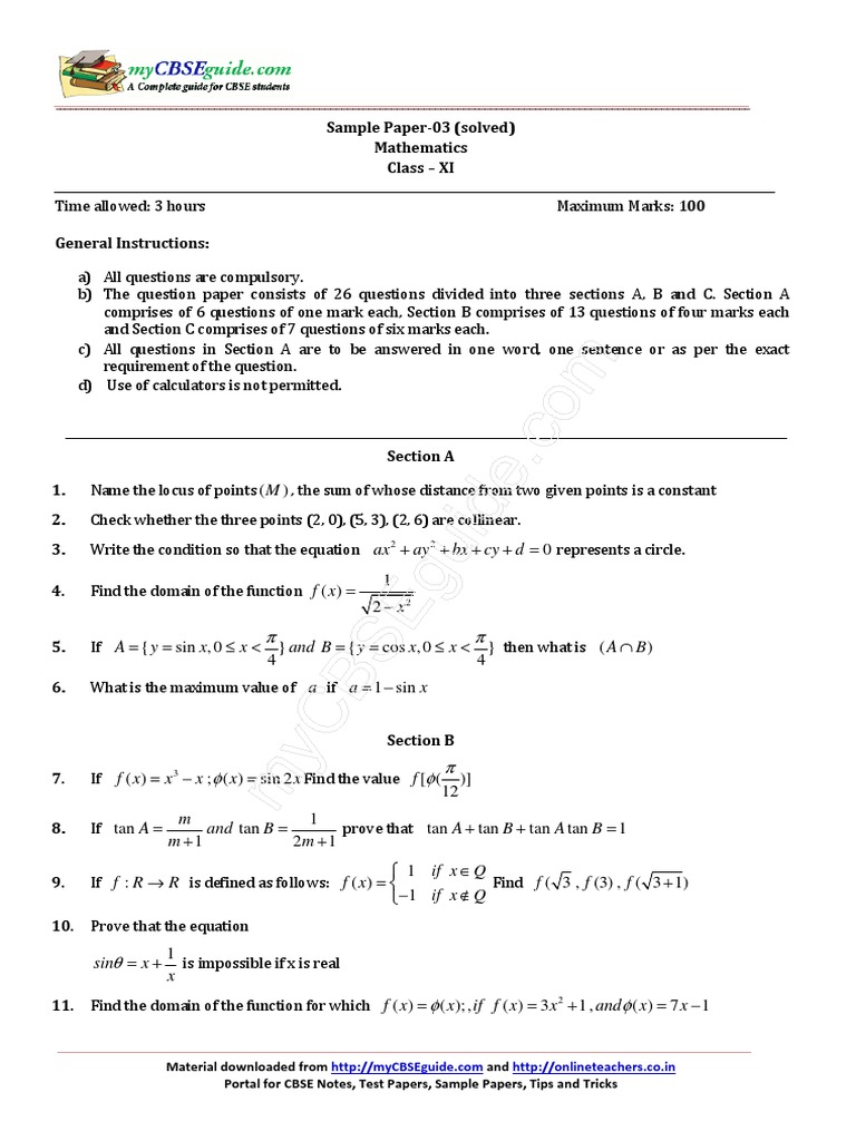 Sample Paper-03 (Solved) Mathematics Class - XI | PDF