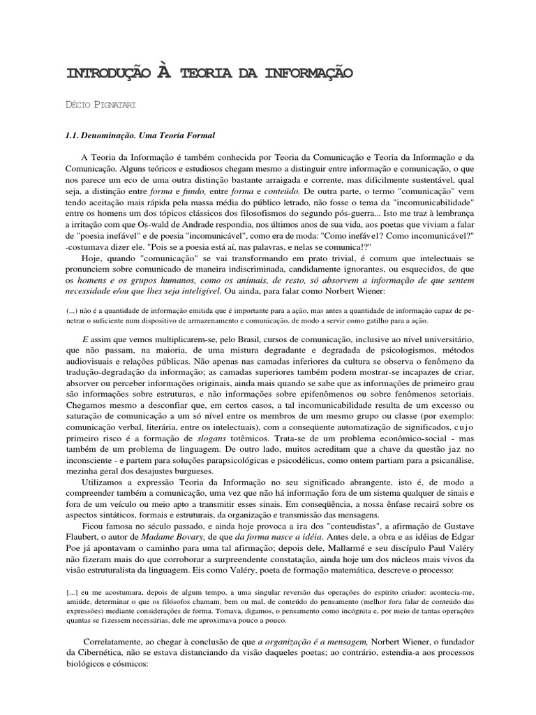 Décio Pignatari - Introdução Da Teoria Da Informação PDF | PDF ...