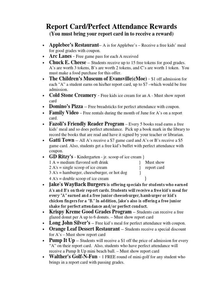 Report Card Reward | PDF | Fast Food | Foods