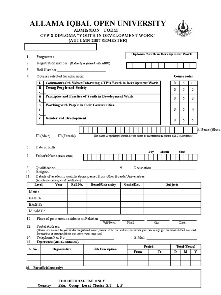 Admission Form CYP Diploma YDW - Allama Iqbal Open University - AIOU ...