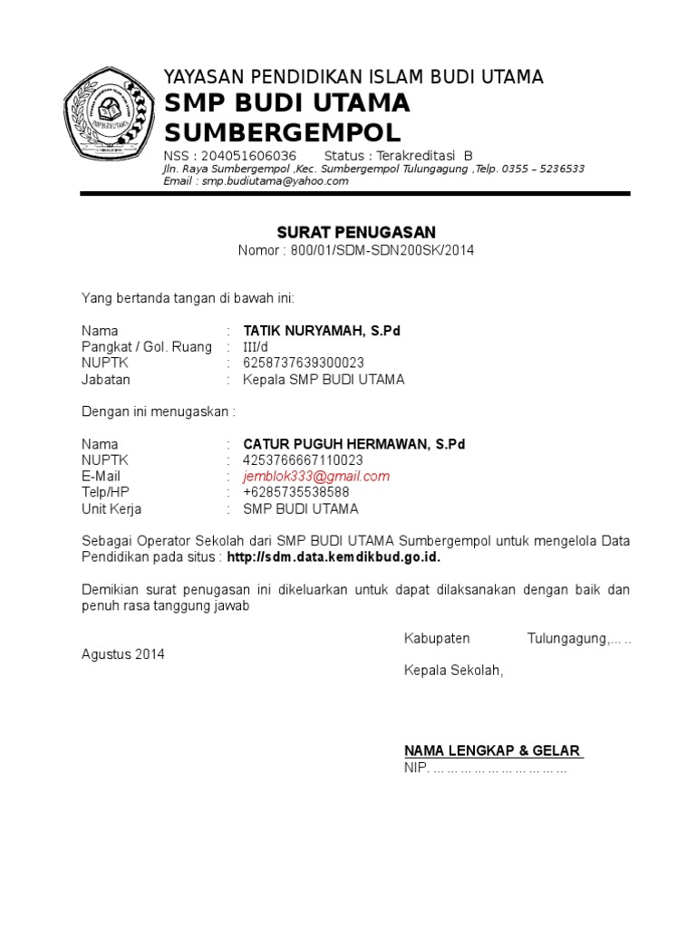 Contoh Surat Penugasan Operator Sekolah Di SDM - PDSP 2014 | PDF