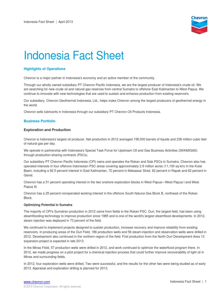 Indonesia Fact Sheet | PDF | Chevron Corporation | Indonesia