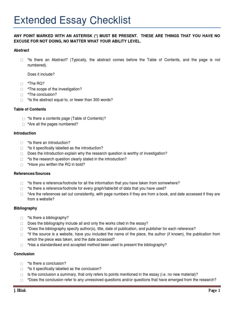 Extended Essay Checklist | PDF | Essays | Bibliography