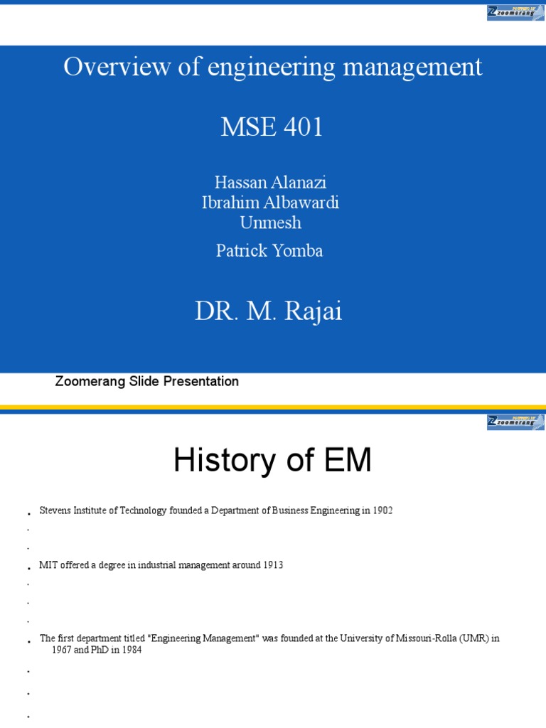 Overview of Engineering Management MSE 401: Hassan Alanazi Ibrahim ...