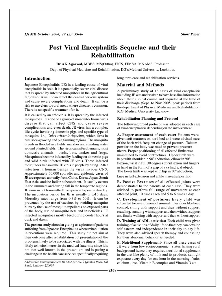 Post Viral Encephalitis Sequelae and Their Rehabilitation | PDF ...