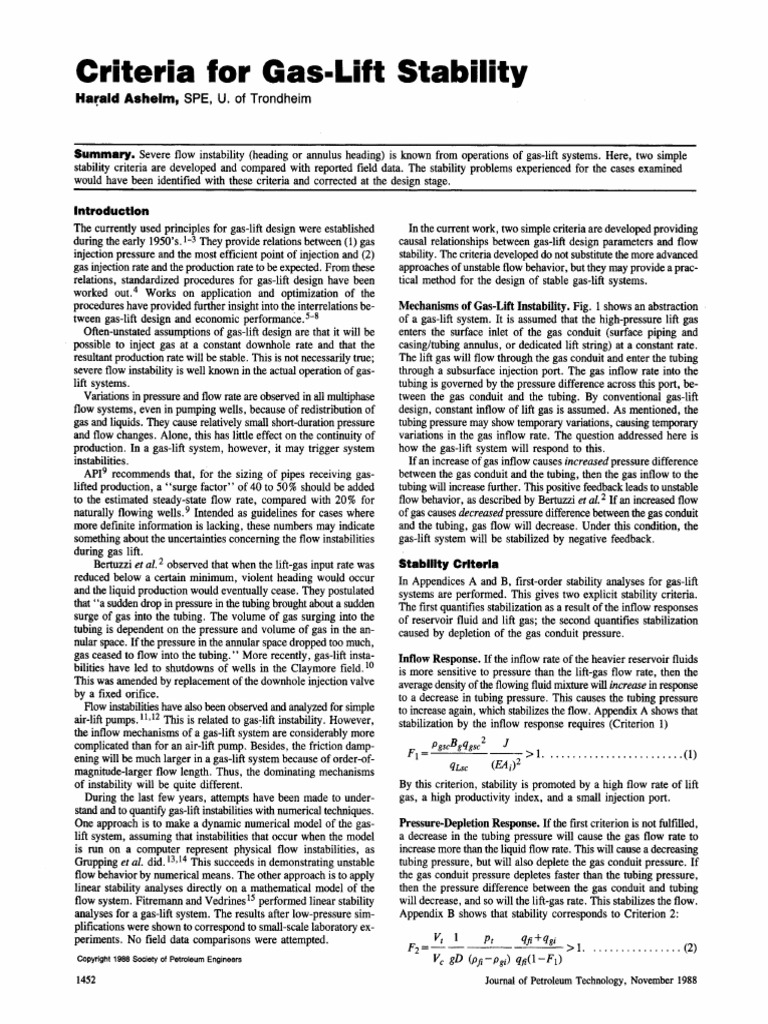 Criteria For Gas-Lift Stability | PDF | Fluid Dynamics | Gases