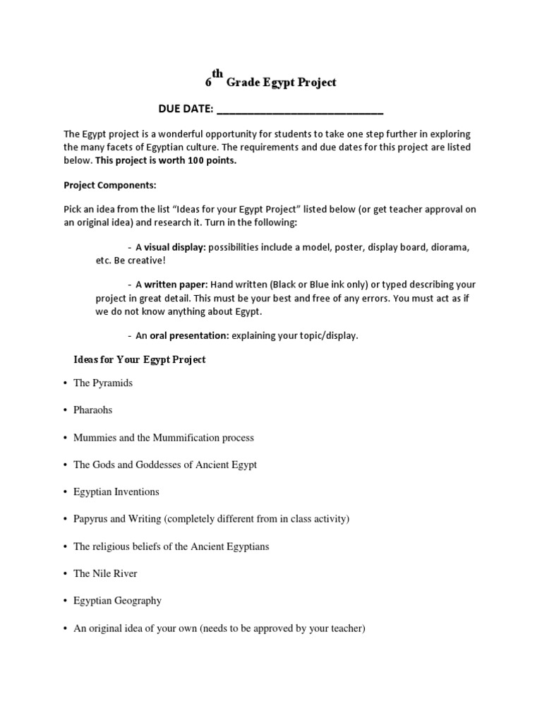 6th Grade Egypt Project Guidelines | PDF