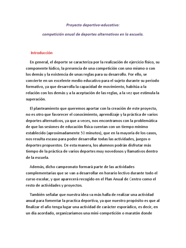 Proyecto Deportivo | PDF | Educación Física | Deportes