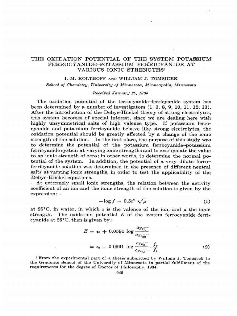 The Oxidation Potential of Postassium Ferrocyanide-Potassium ...
