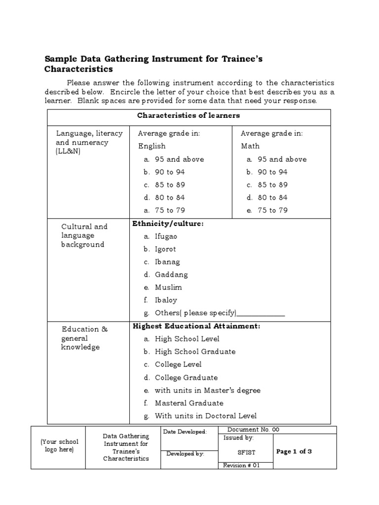 Data Gathering Instrument For Trainee | PDF | Learning Styles ...