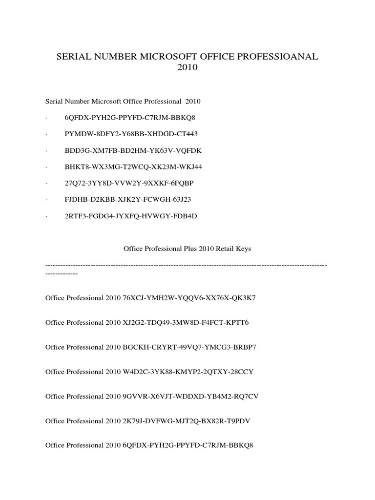 Office 2010 Serial Numbers List | PDF | Microsoft Office | Microsoft ...