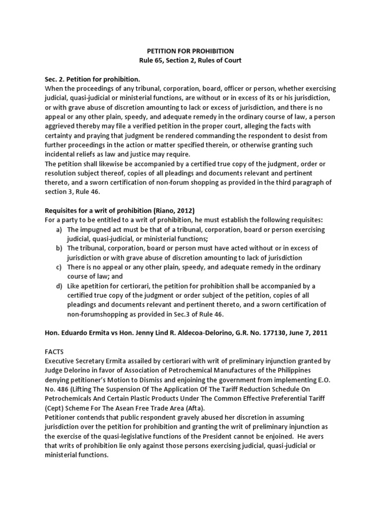 Understanding Petition for Prohibition | PDF | Mandamus | Writ Of ...