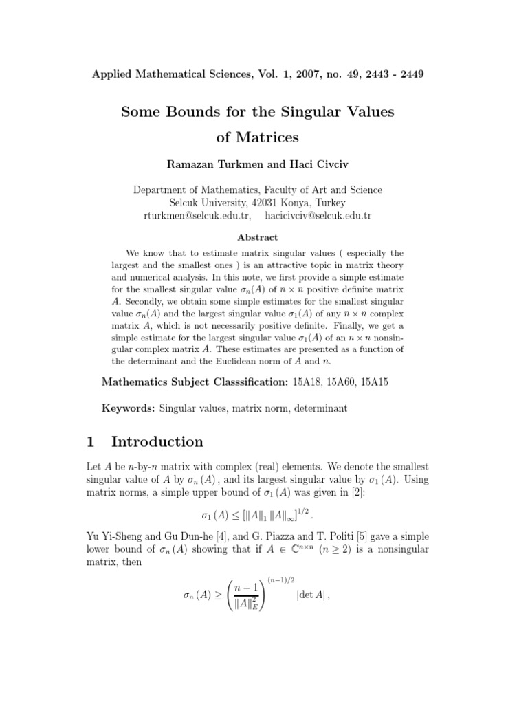 Some Bounds For The Singular Values of Matrices: Applied Mathematical Sciences, Vol. 1, 2007, No ...