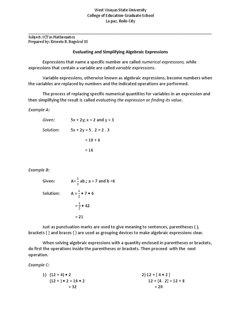 Evaluating and Simplifying Algebraic Expressions: Example A: Given ...