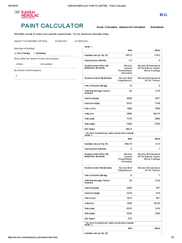 Kansai Nerolac Paints Limited - Paint Calculator | PDF | Paint | Litre