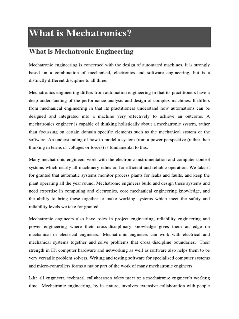 What is Mechatronic Engineering | PDF | Engineer | Mechatronics