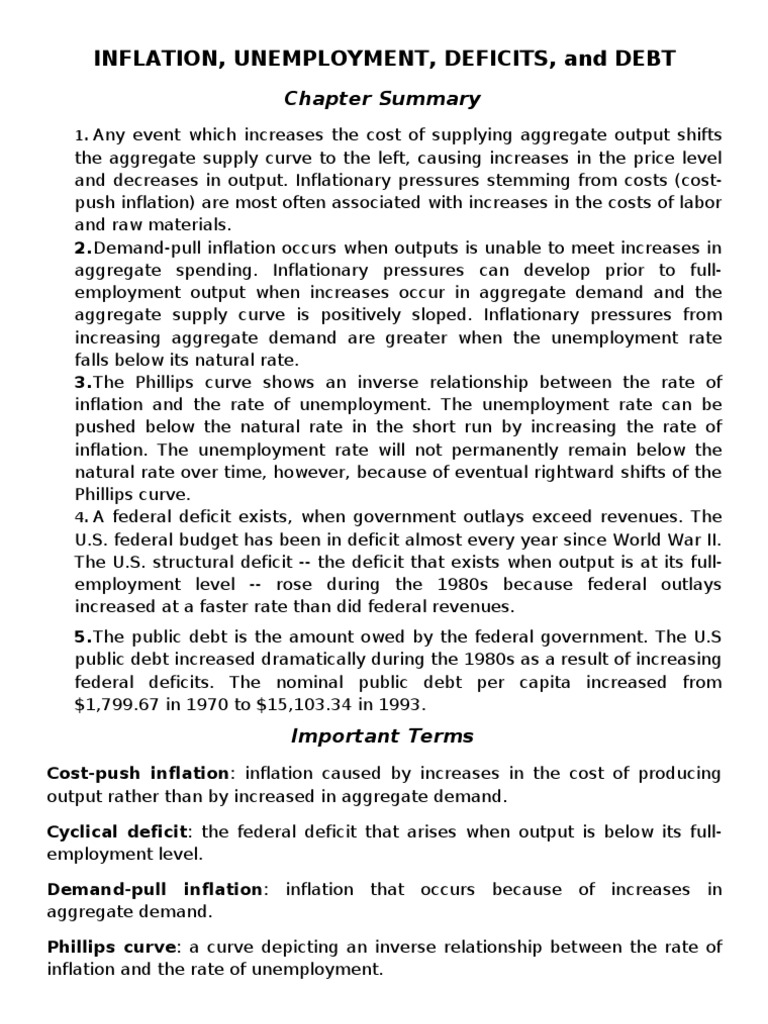 Inflation, Unemployment, Deficits, and Debt: Chapter Summary | PDF ...