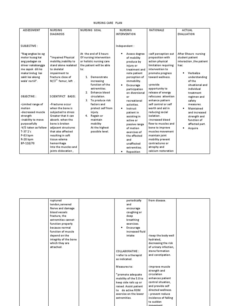 NURSING CARE PLAN Real | PDF | Muscle | Bone
