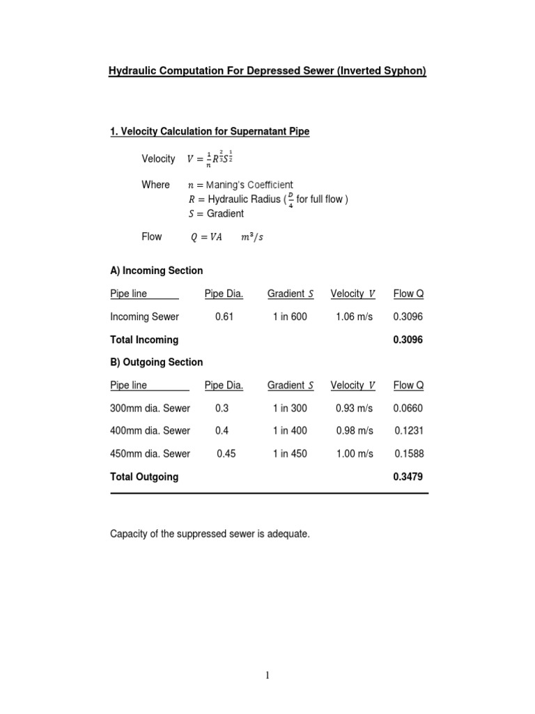Hydraulic Computation For Depressed Sewer (Inverted Syphon) : 1 ...