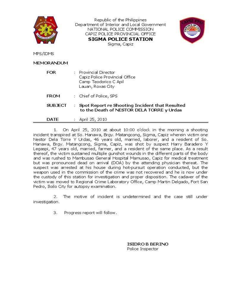 Spot Report Shooting Incident Doa | PDF | Affidavit | Common Law