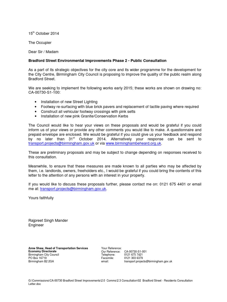 02 Bradford Street - Residents Consultation Letter | PDF | Transport ...