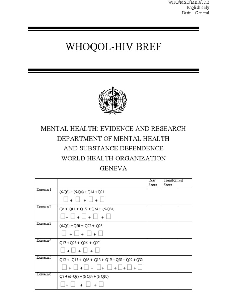 whoqol_hiv_bref.pdf | Behavioural Sciences | Psychology & Cognitive Science
