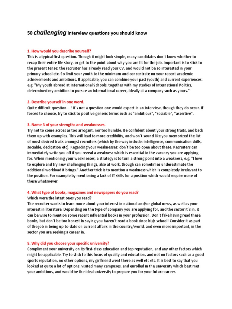 50 Challenging Interview Questions You Should Know | PDF | Job ...