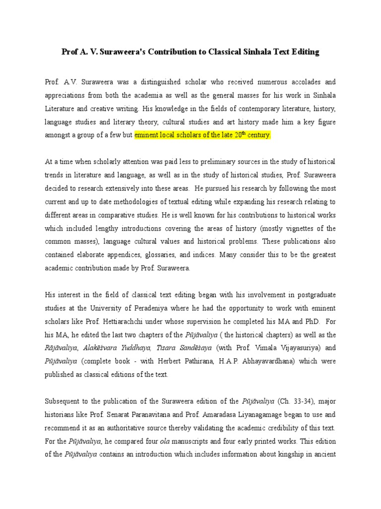Prof Suraweera's Contribution in Classical Sinhala Text Editing | PDF ... Prof Suraweera's Contribution in Classical Sinhala Text Editing | PDF ...