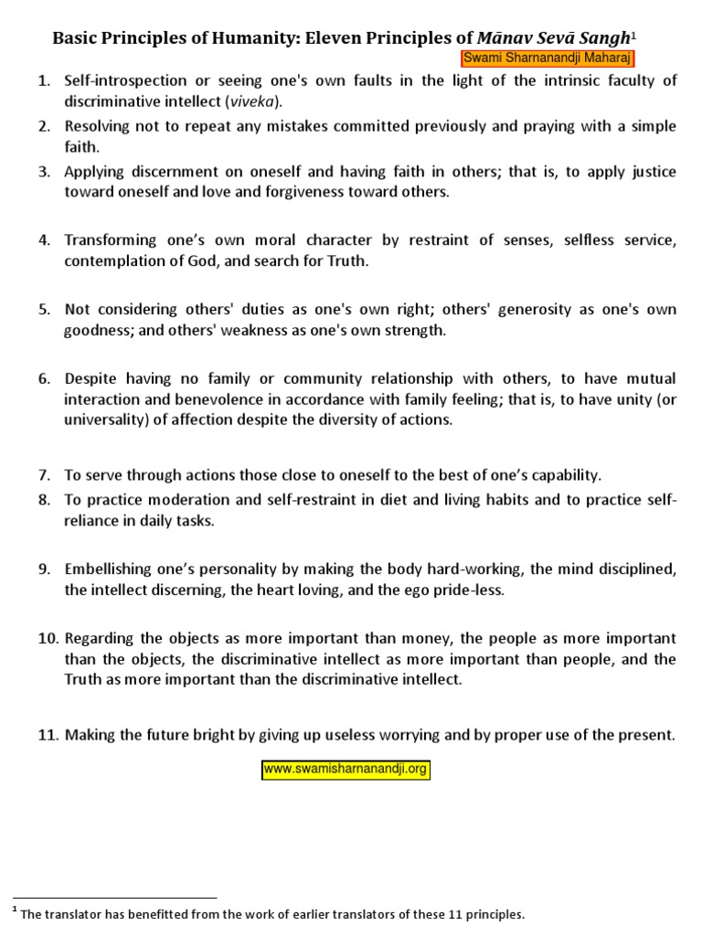 Basic Principles of Humanity: Eleven Principles of Sangh | PDF