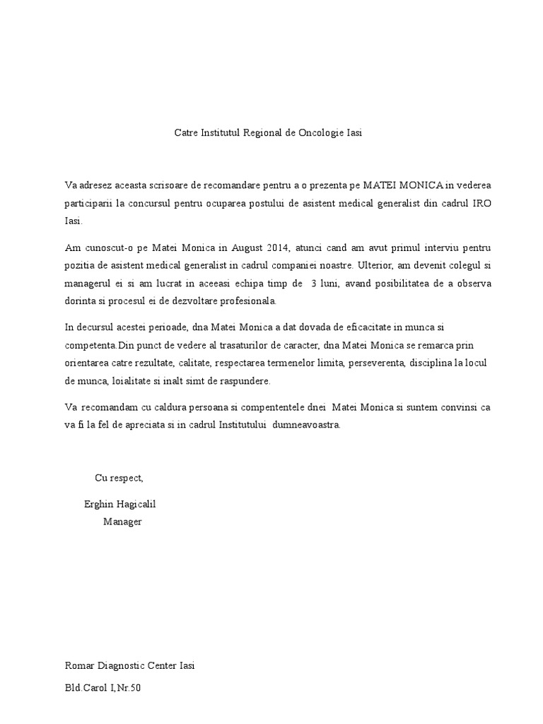 Model Scrisoare de Recomandare Pentru Masterat Din Partea Angajatorului ...