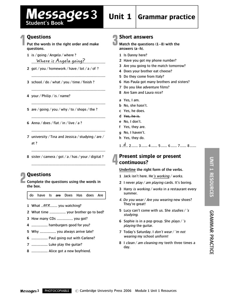 Messages Level3 Pre Intermediate Unit1 Grammar Worksheets