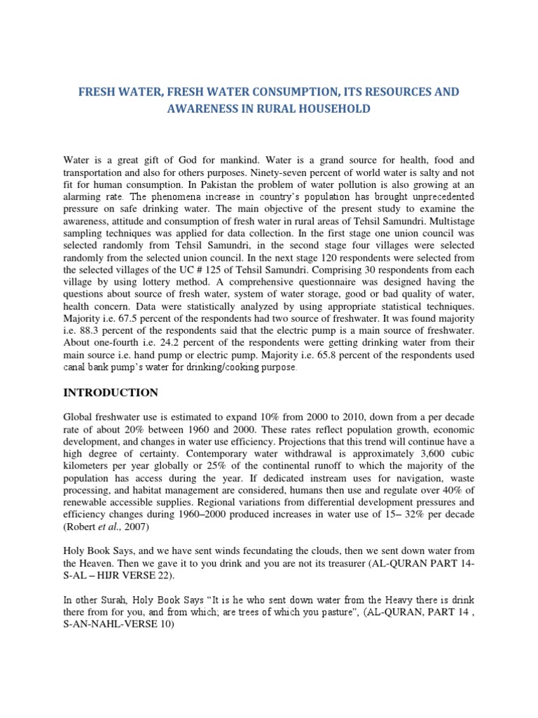 Fresh Water, Fresh Water Consumption, Its Resources and Awareness in ...