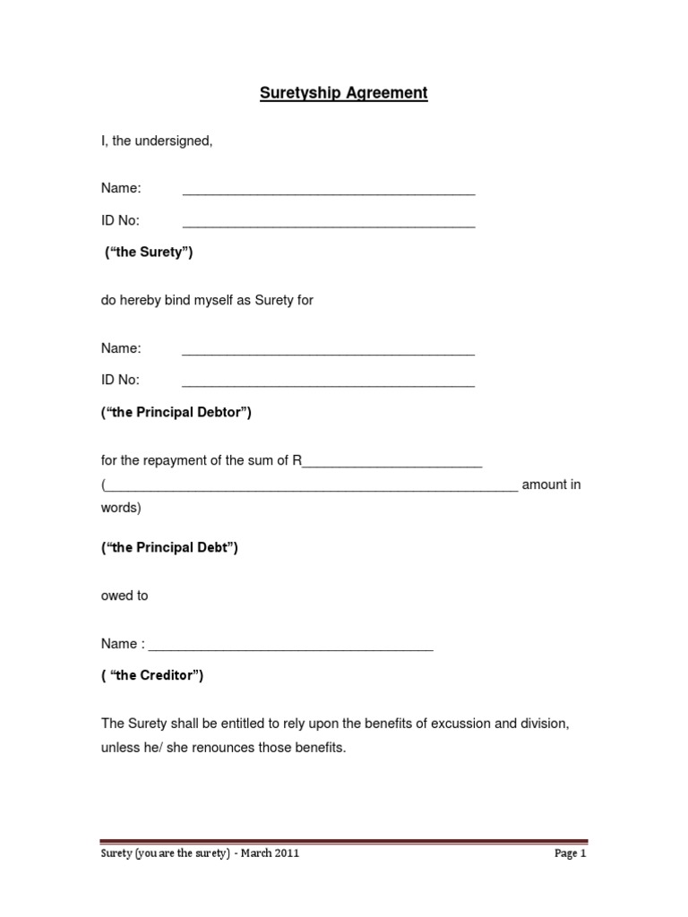 Suretyship Agreement (Simple) - You Are The Surety | PDF | Business ...