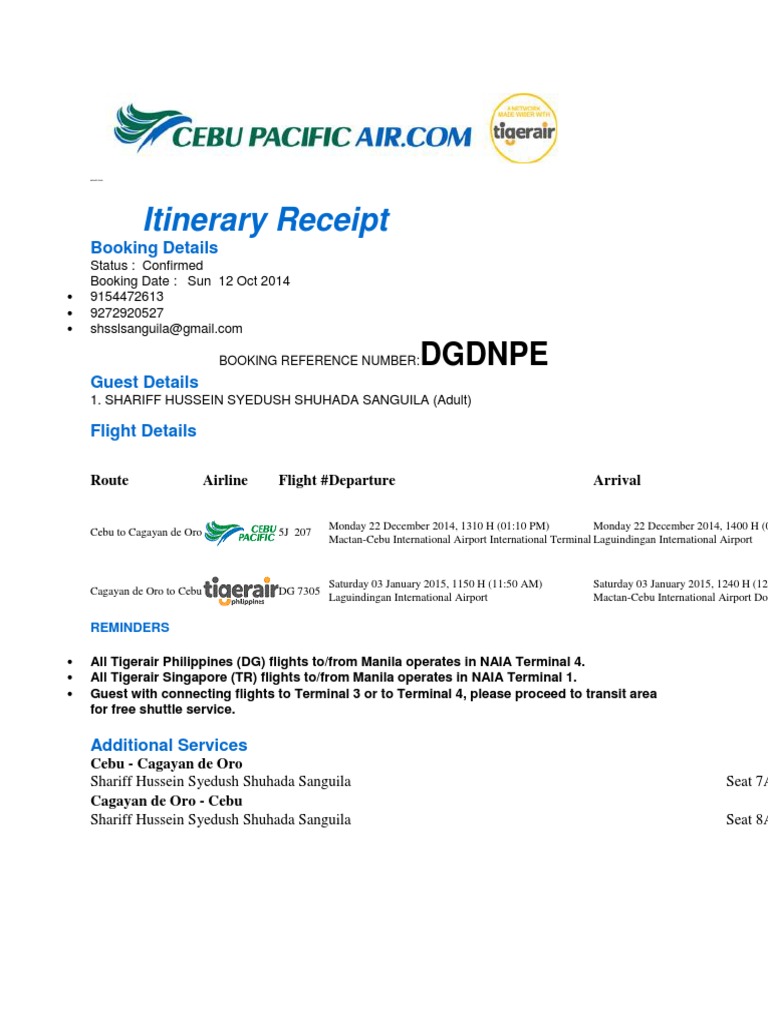 Cebu Pacific Itinerary | PDF | Fee | Baggage