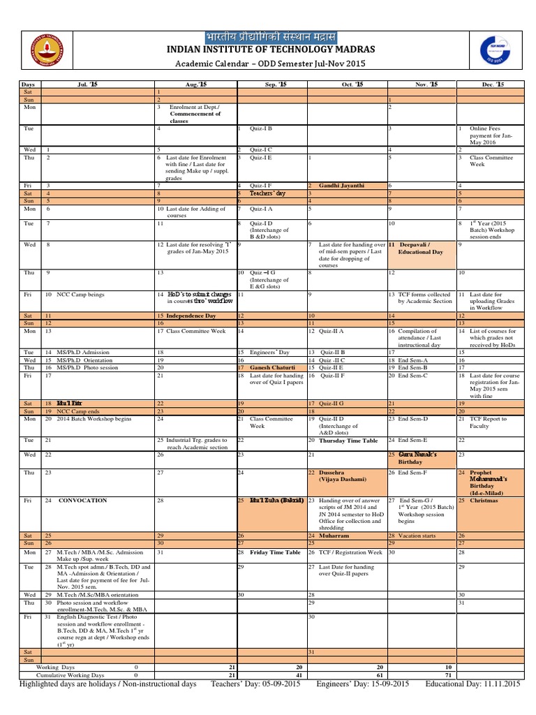 Indian Institute of Technology Madras: Academic Calendar - ODD Semester ...