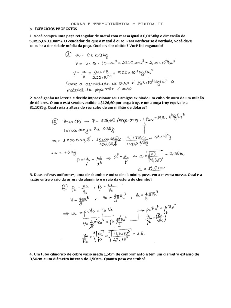 Exercícios Flúidos (Resolvidos) PDF | PDF | Pressão | Fases da Matéria