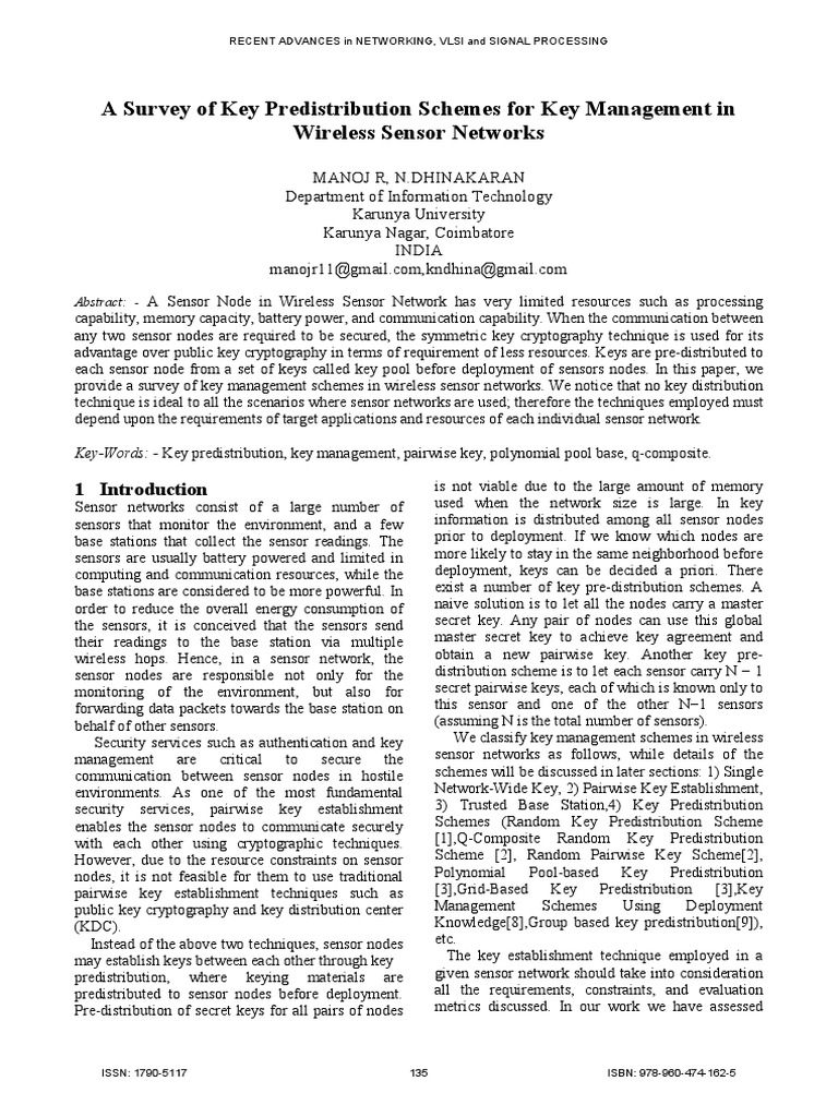 A Survey of Key Predistribution Schemes For Key Management in Wireless Sensor Networks | PDF ...