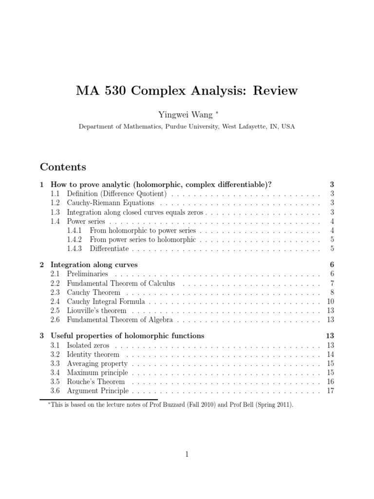 MA 530 Complex Analysis: Review: Yingwei Wang | Download Free PDF | Complex Analysis ...